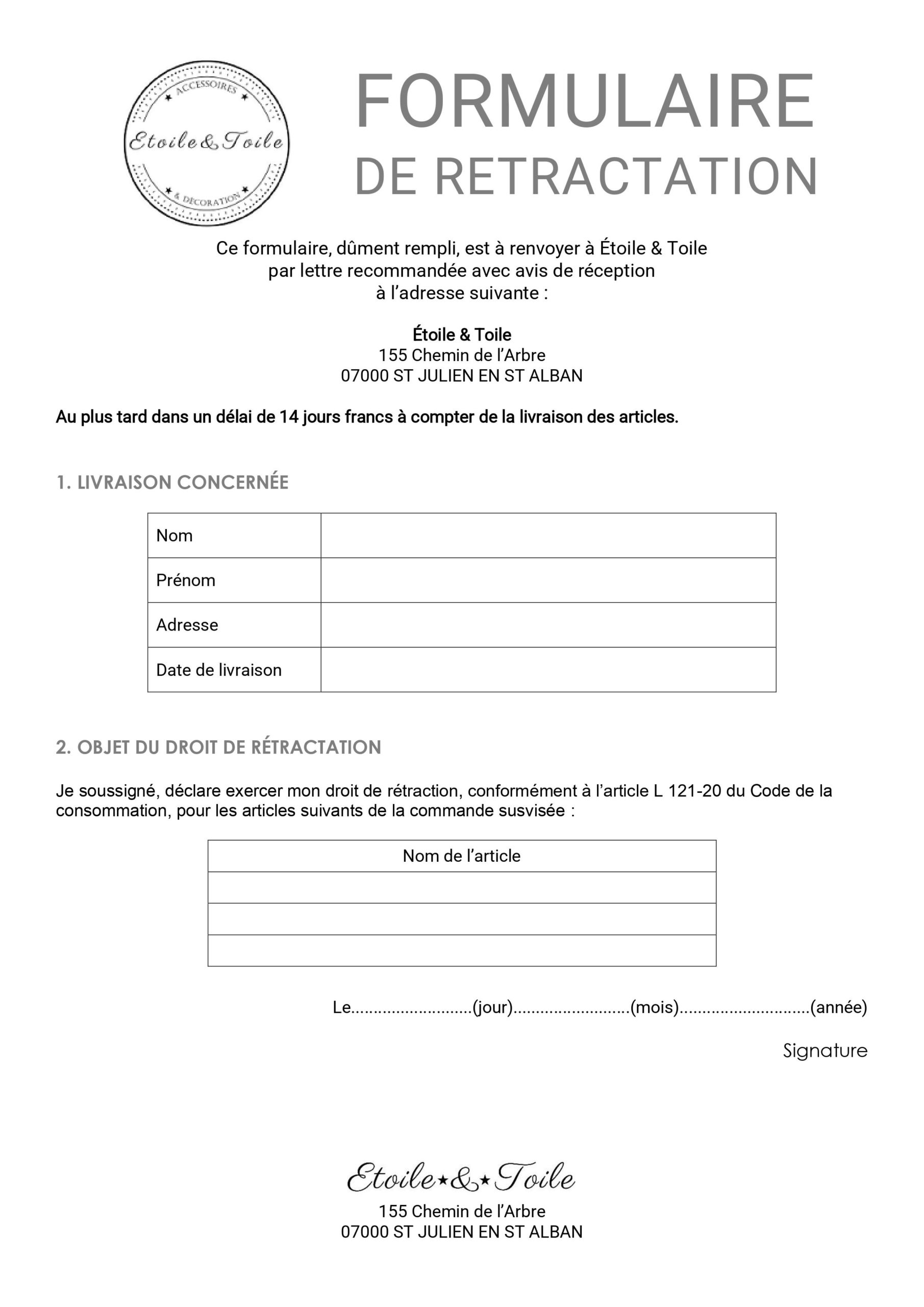 Formulaire de rétractation - Etoile & Toile